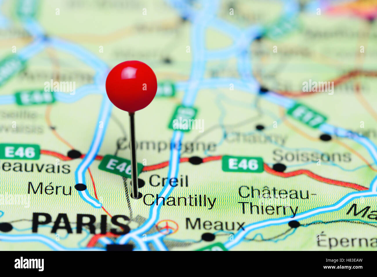 Chantilly pinned on a map of France Stock Photo - Alamy