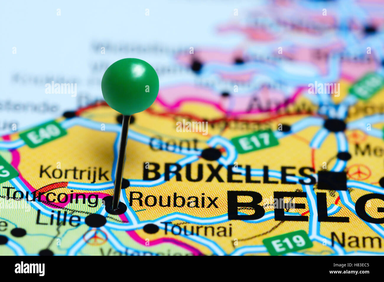 Roubaix pinned on a map of France Stock Photo - Alamy