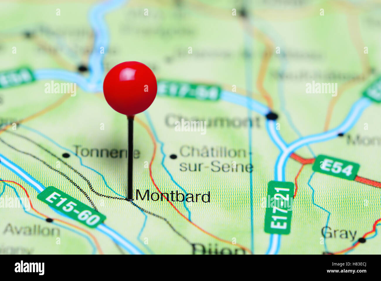Montbard pinned on a map of France Stock Photo - Alamy