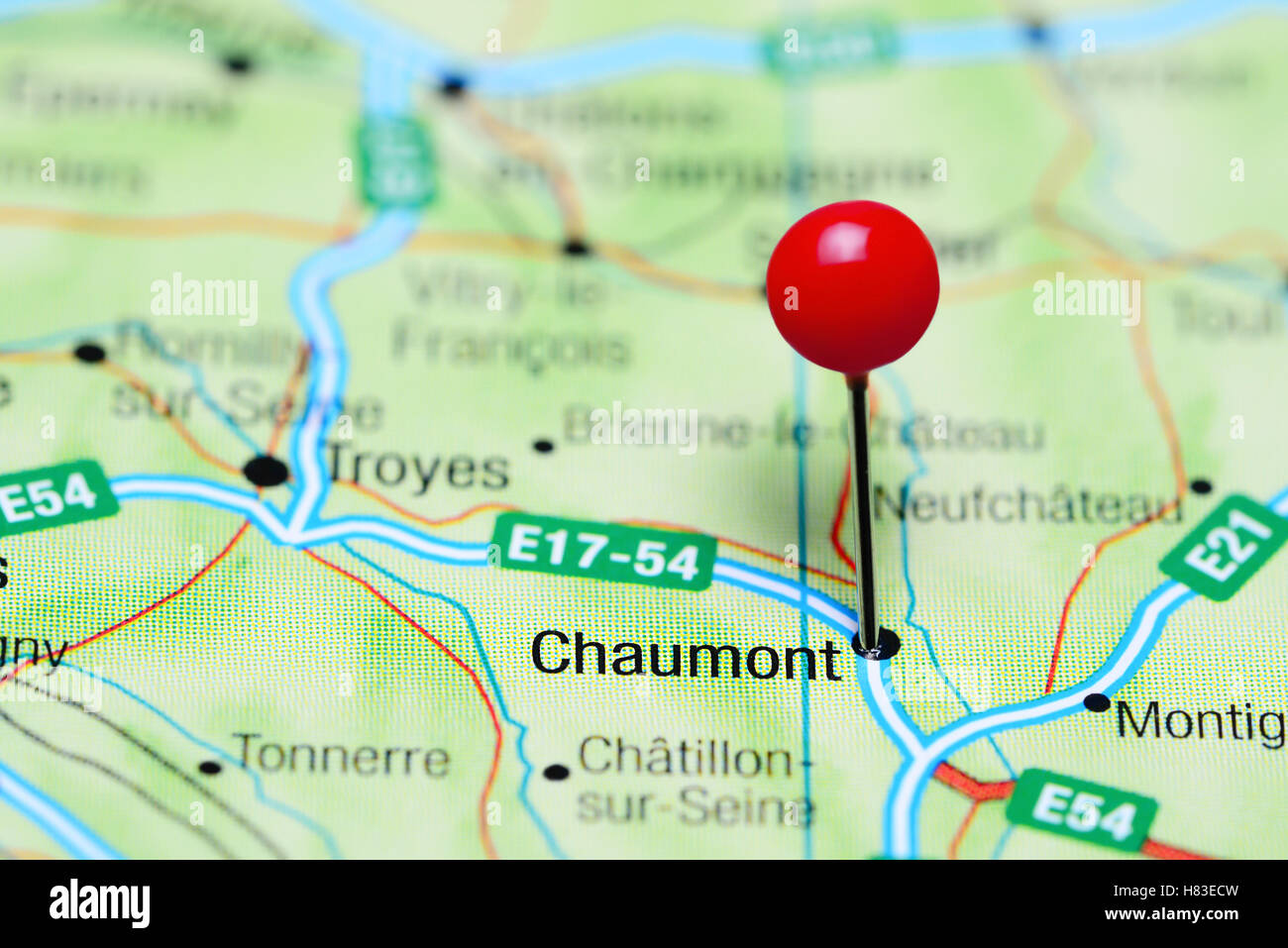 Chaumont pinned on a map of France Stock Photo - Alamy