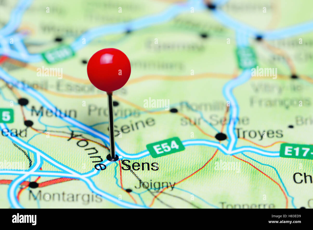 Sens pinned on a map of France Stock Photo - Alamy