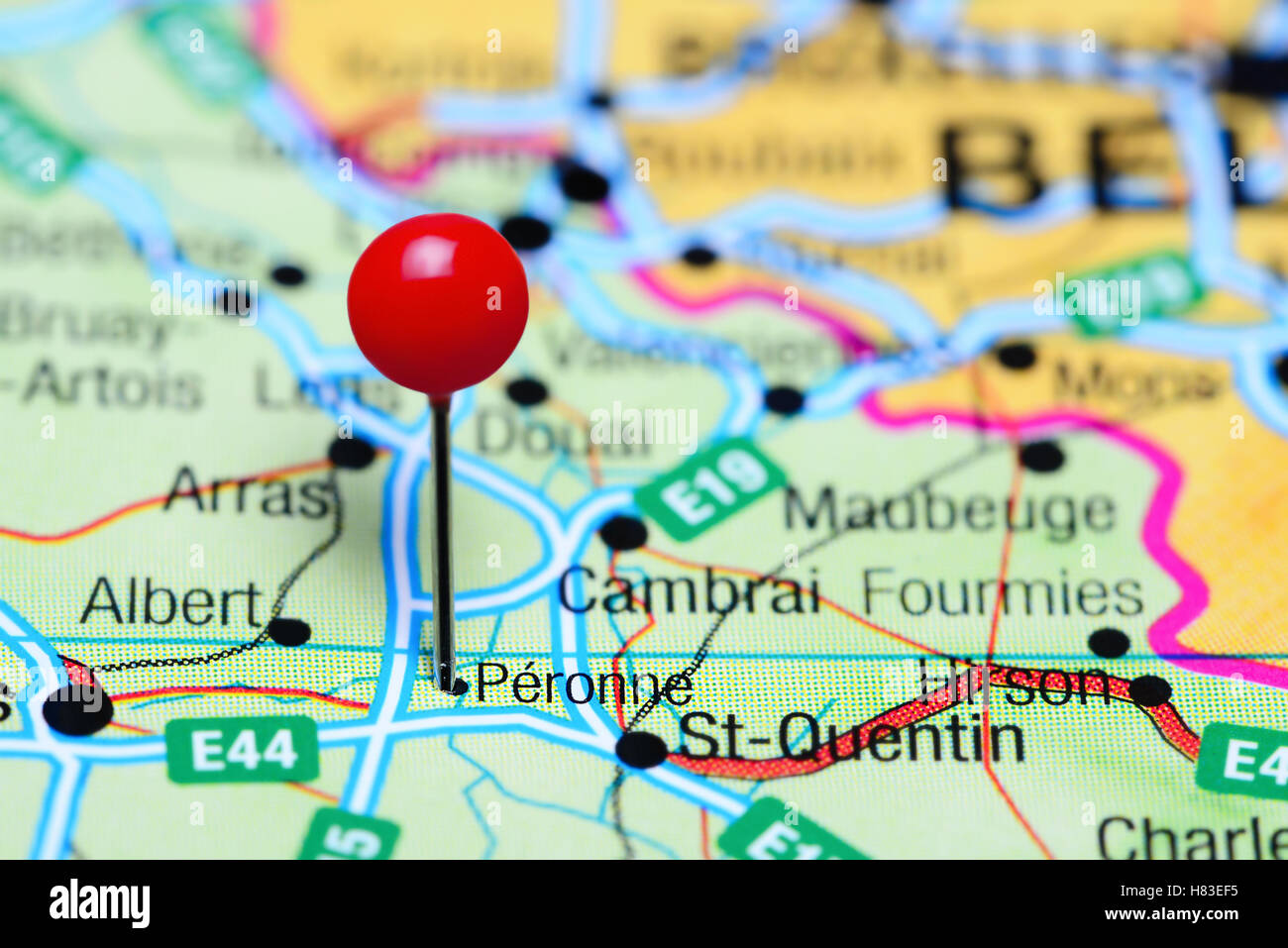 Peronne pinned on a map of France Stock Photo - Alamy