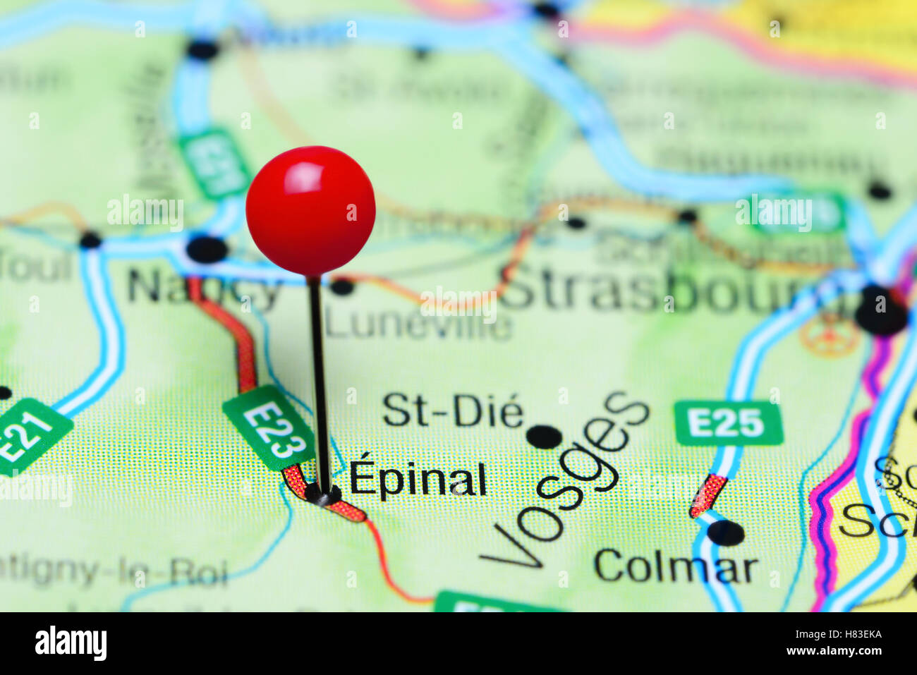 Epinal pinned on a map of France Stock Photo - Alamy