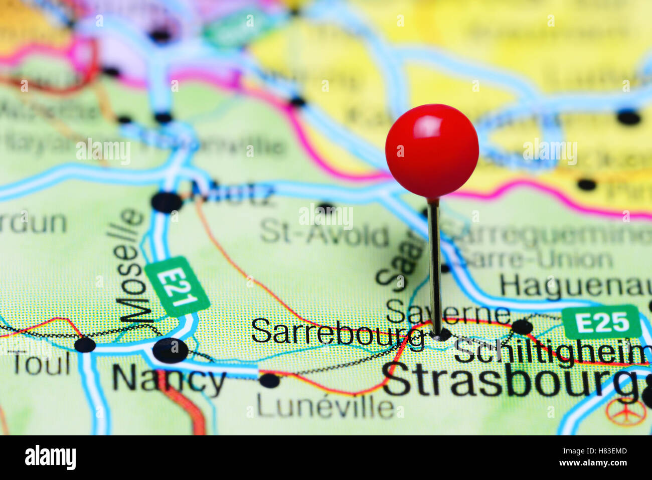 Sarrebourg pinned on a map of France Stock Photo - Alamy