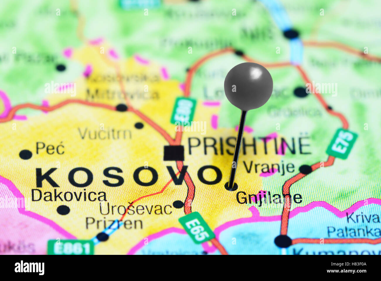 Gnjilane pinned on a map of Kosovo Stock Photo - Alamy