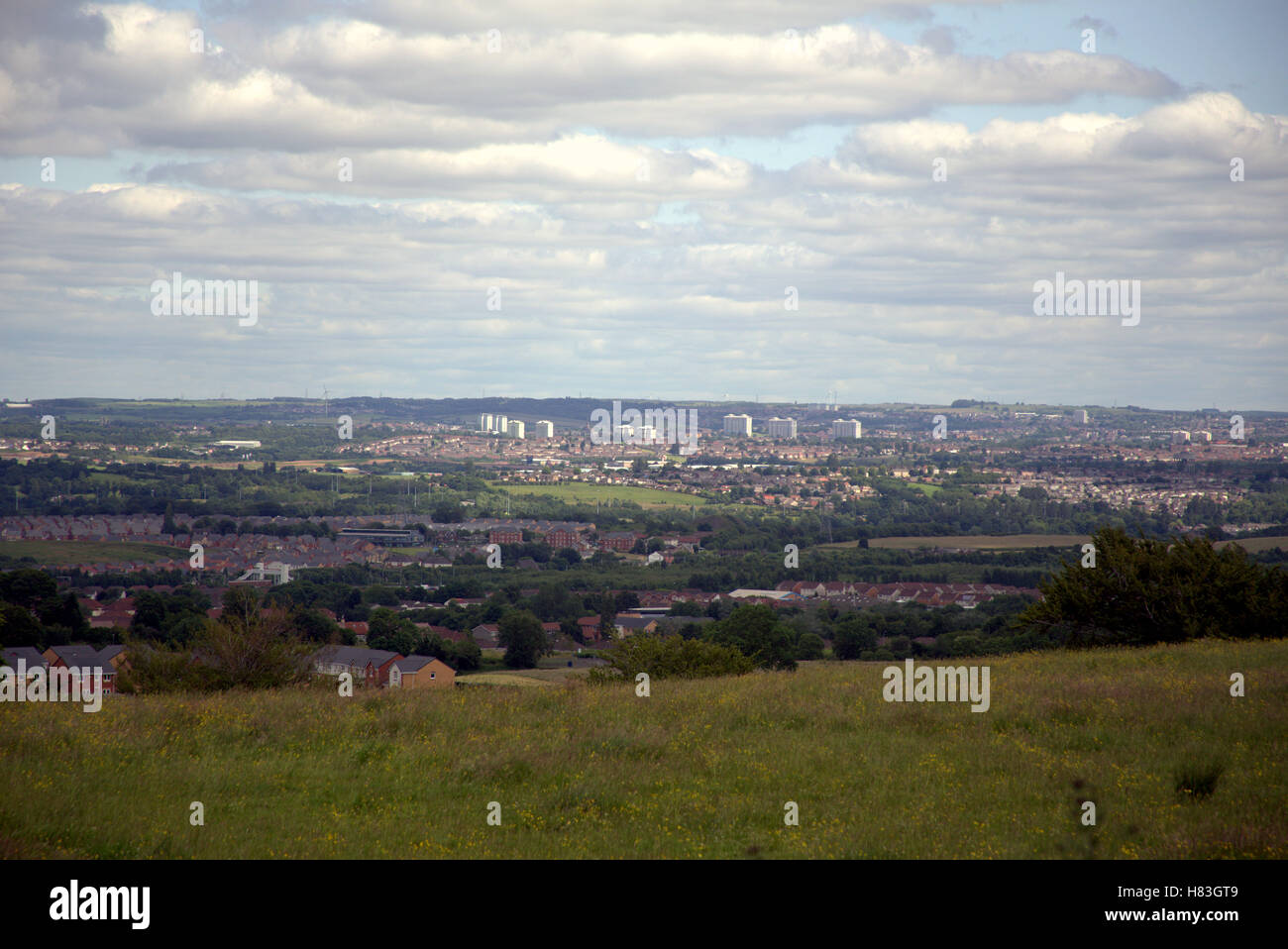 Aerial view of Glasgow and the east from Cambuslang with fields in the ...
