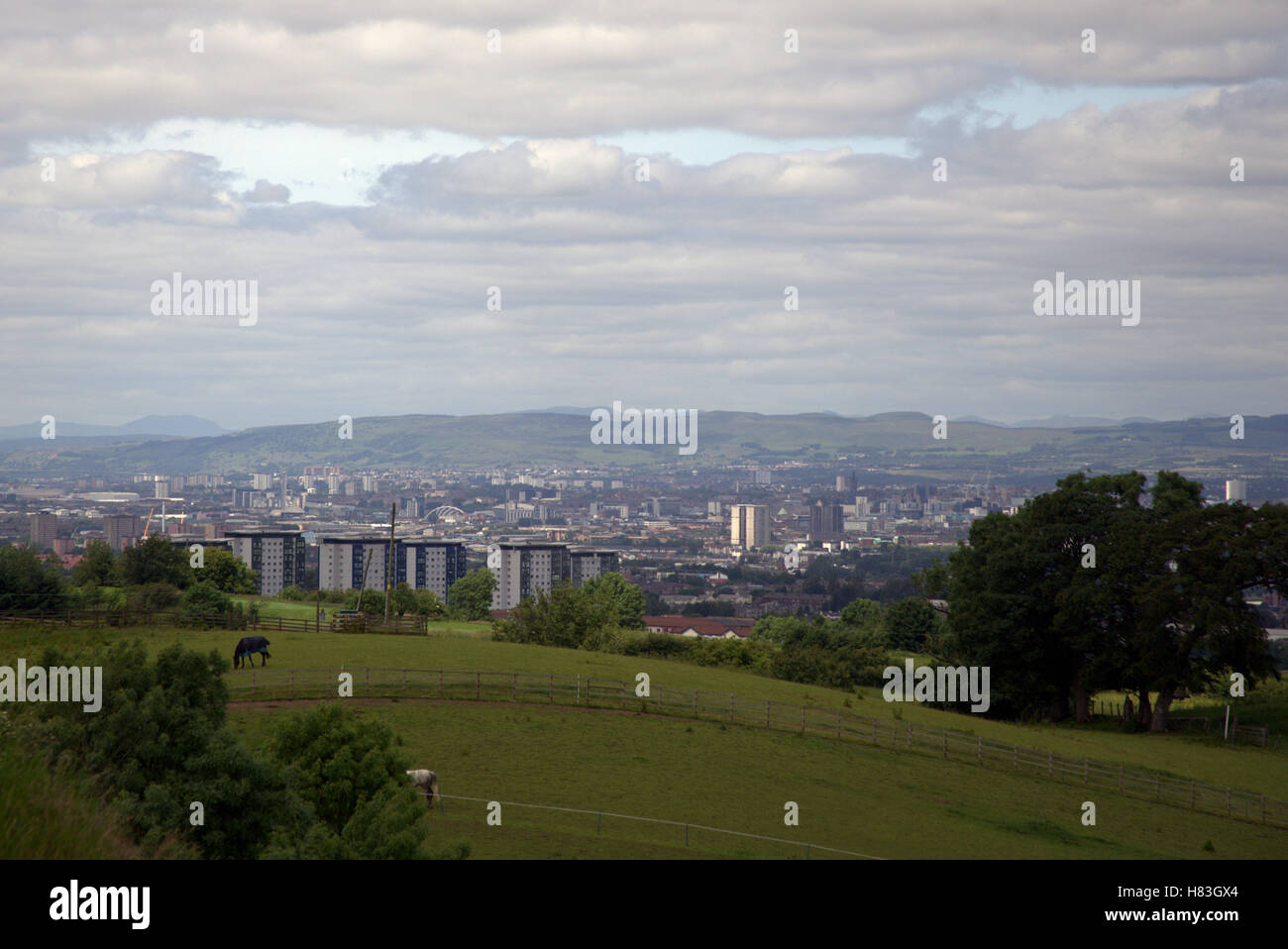 Aerial view of Glasgow and the west from Cambuslang with fields in the ...