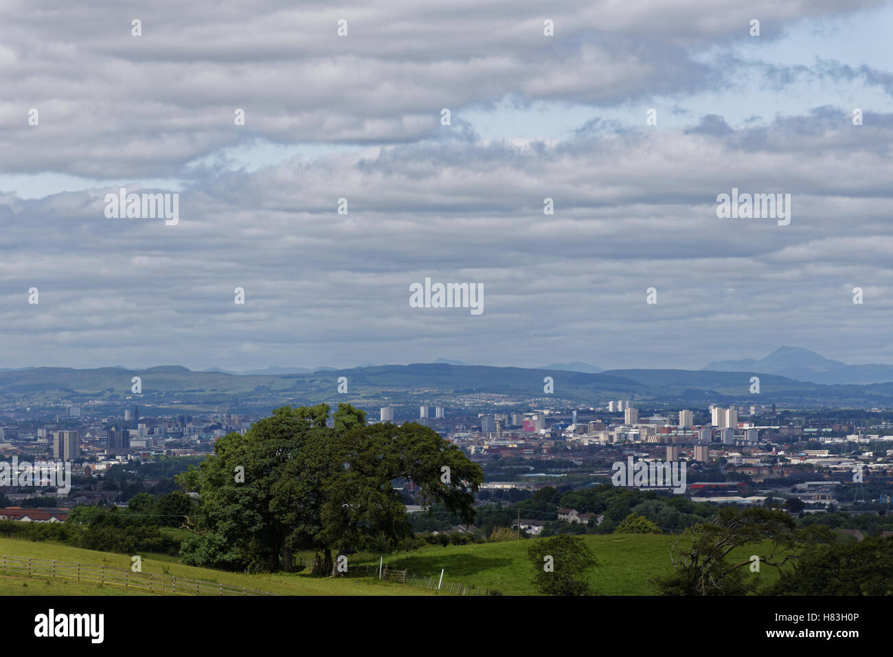 Aerial view of Glasgow and the west from Cambuslang with fields in the ...