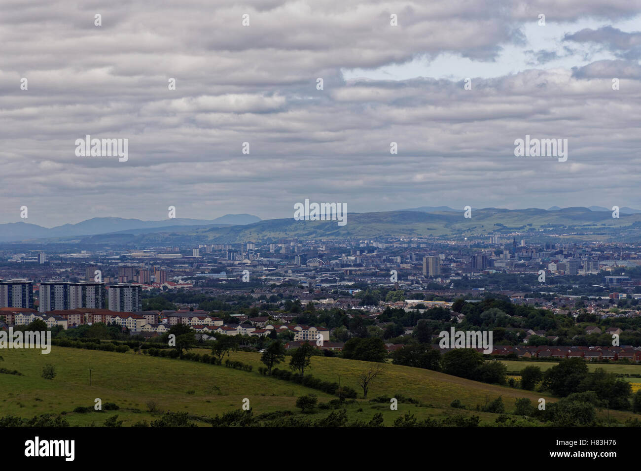 Aerial view of Glasgow and the west from Cambuslang with fields in the ...