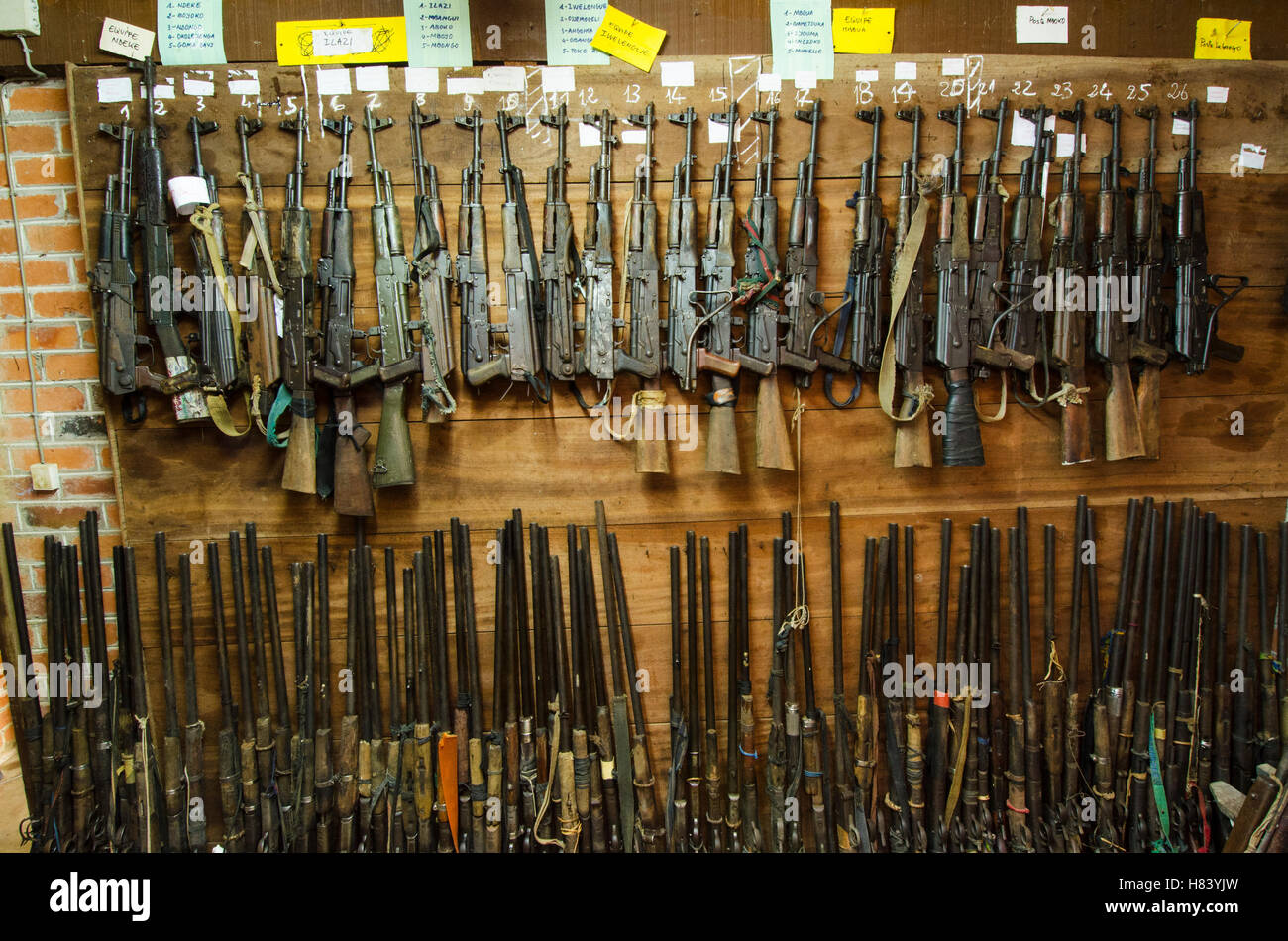 Confiscated and decommissioned poacher's rifles at park headquarters ...