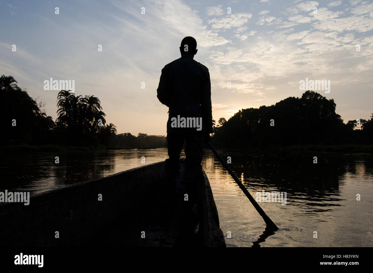 Man paddling canoe down Lekoli River, Republic of Congo Stock Photo - Alamy