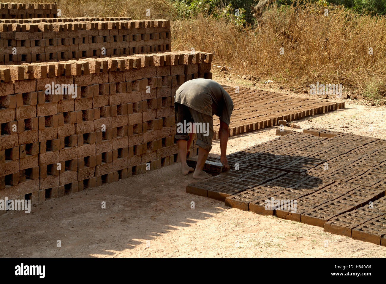 A labour working in brick manufacturing unit. Maharashtra, India Stock ...