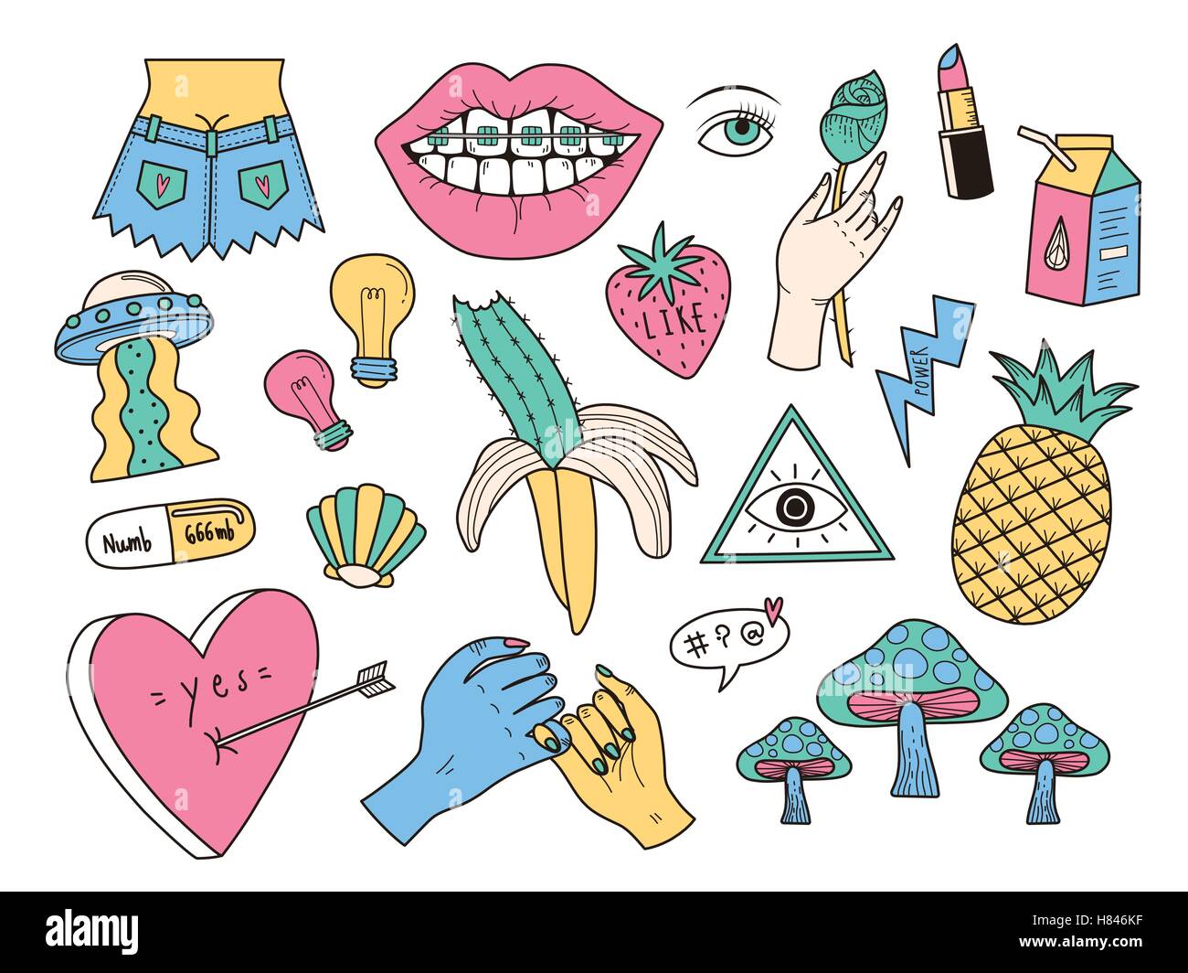 Funny patch badges set, weird elements collection for decoration ...