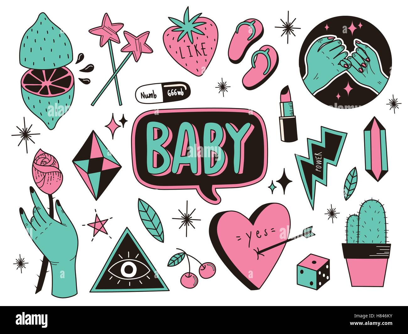 Funny patch badges set, weird elements collection for decoration ...