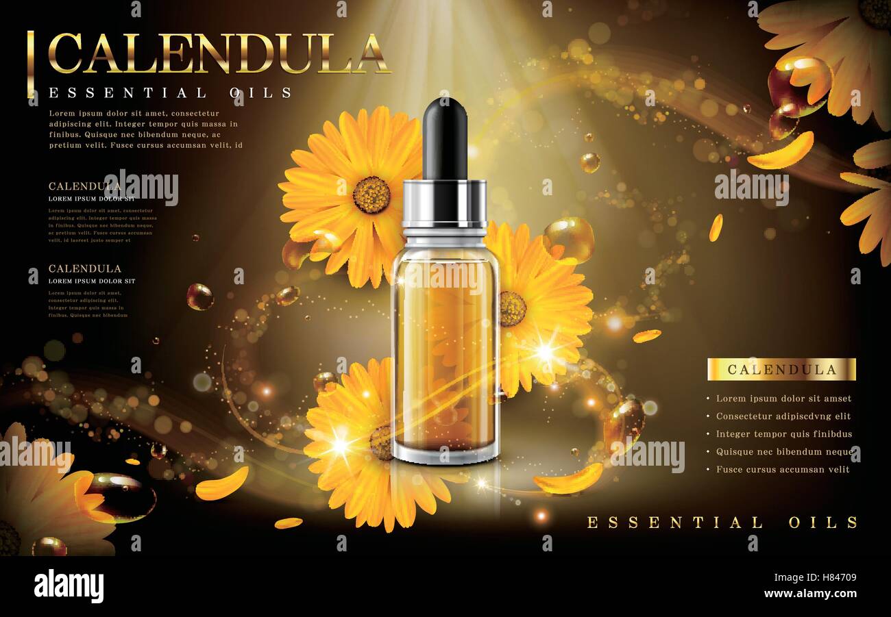 calendula essential oil ad, contained in droplet bottle, light and ...