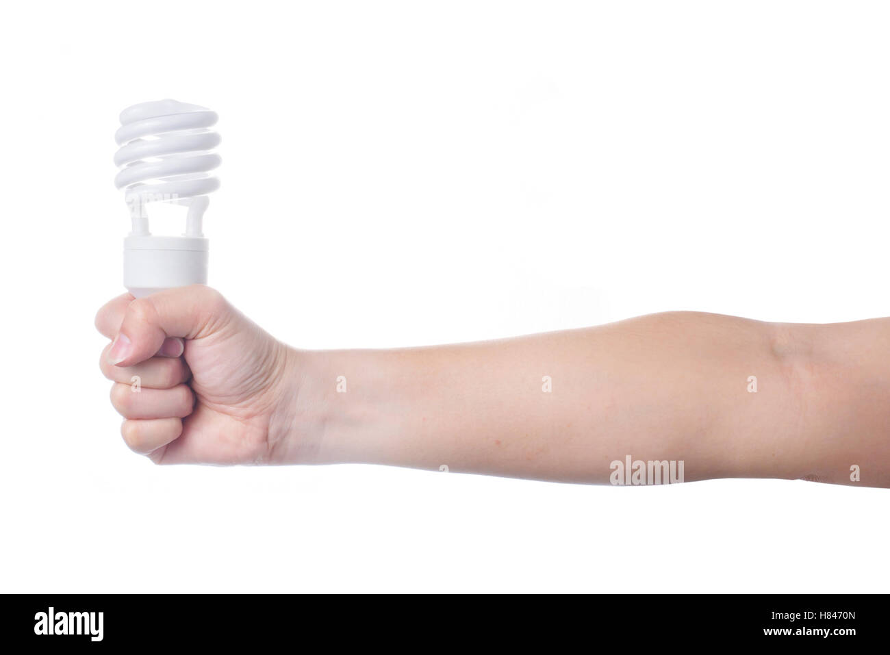 hand with energy saving lamp on white background Stock Photo - Alamy