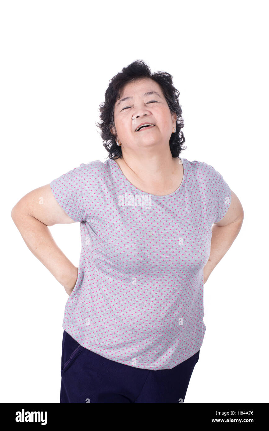 Asian elderly woman with a sick back, backache, isolated on a white ...