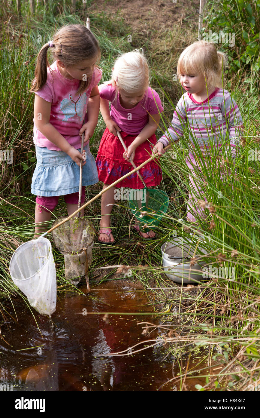 Little girls exploring pond and vegetation with butterfly nets ...