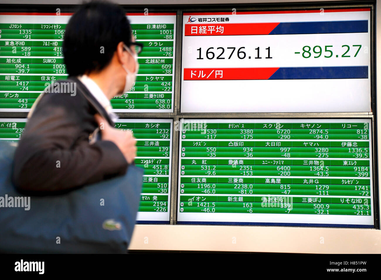 Tokyo, Japan. 10th Nov, 2016. A pedestrian looks at an electronic stock ...