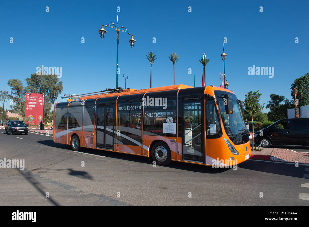 Marrakech, Morocco. 9th Nov, 2016. An electric bus from China drives on ...