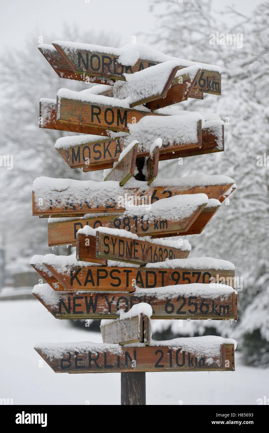 Signs with snow in the Harz Mountains, City of St. Andreasberg, Germany ...