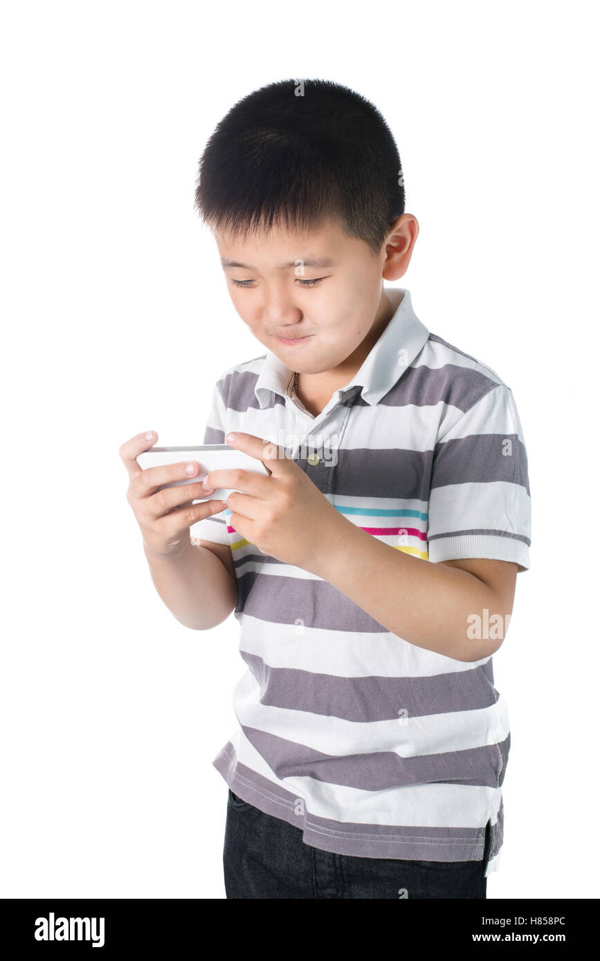 little boy with mobile phone in hand isolated on white background Stock ...