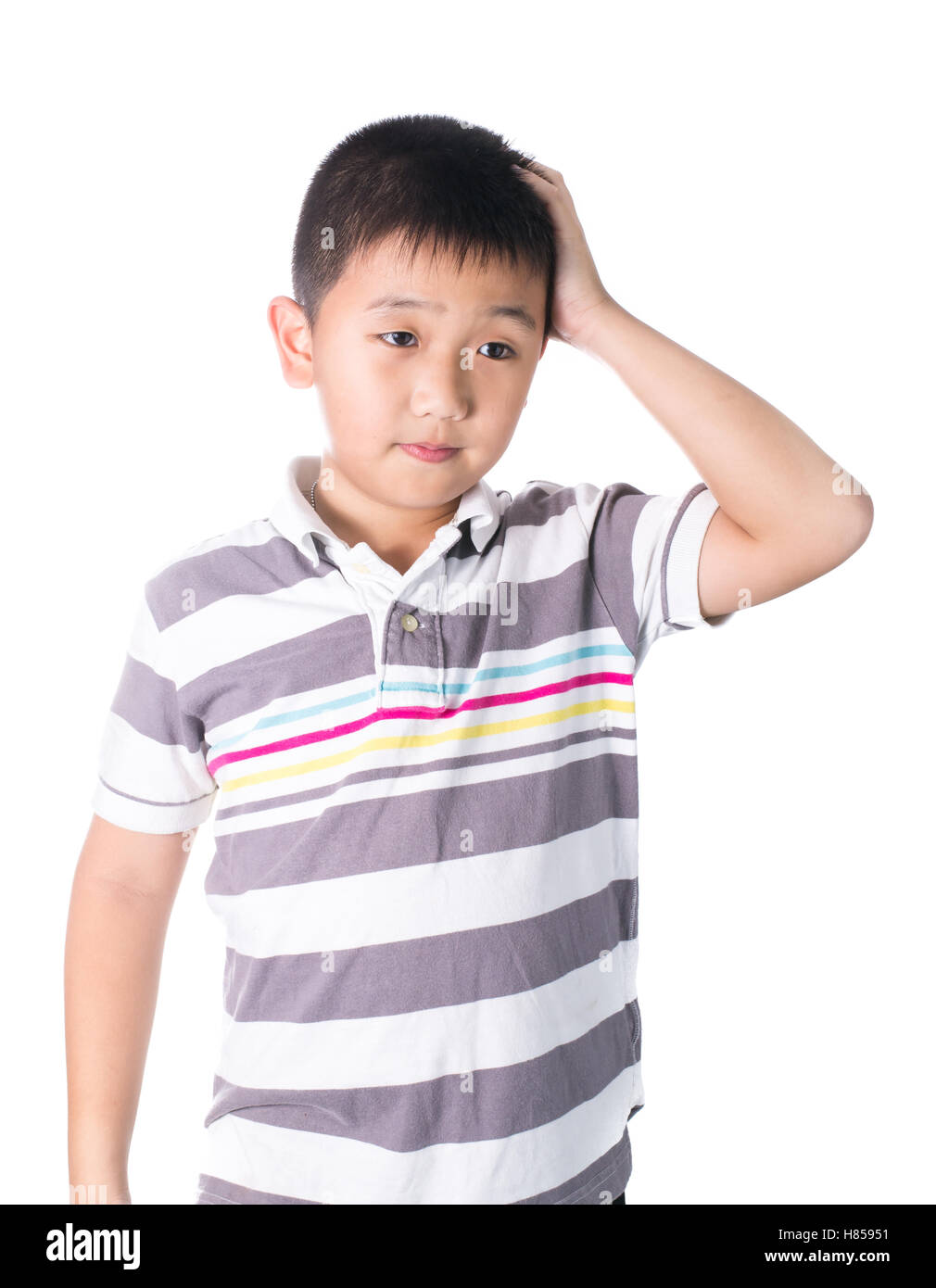 Boy having a headache holding his head with his hand, isolated on the ...