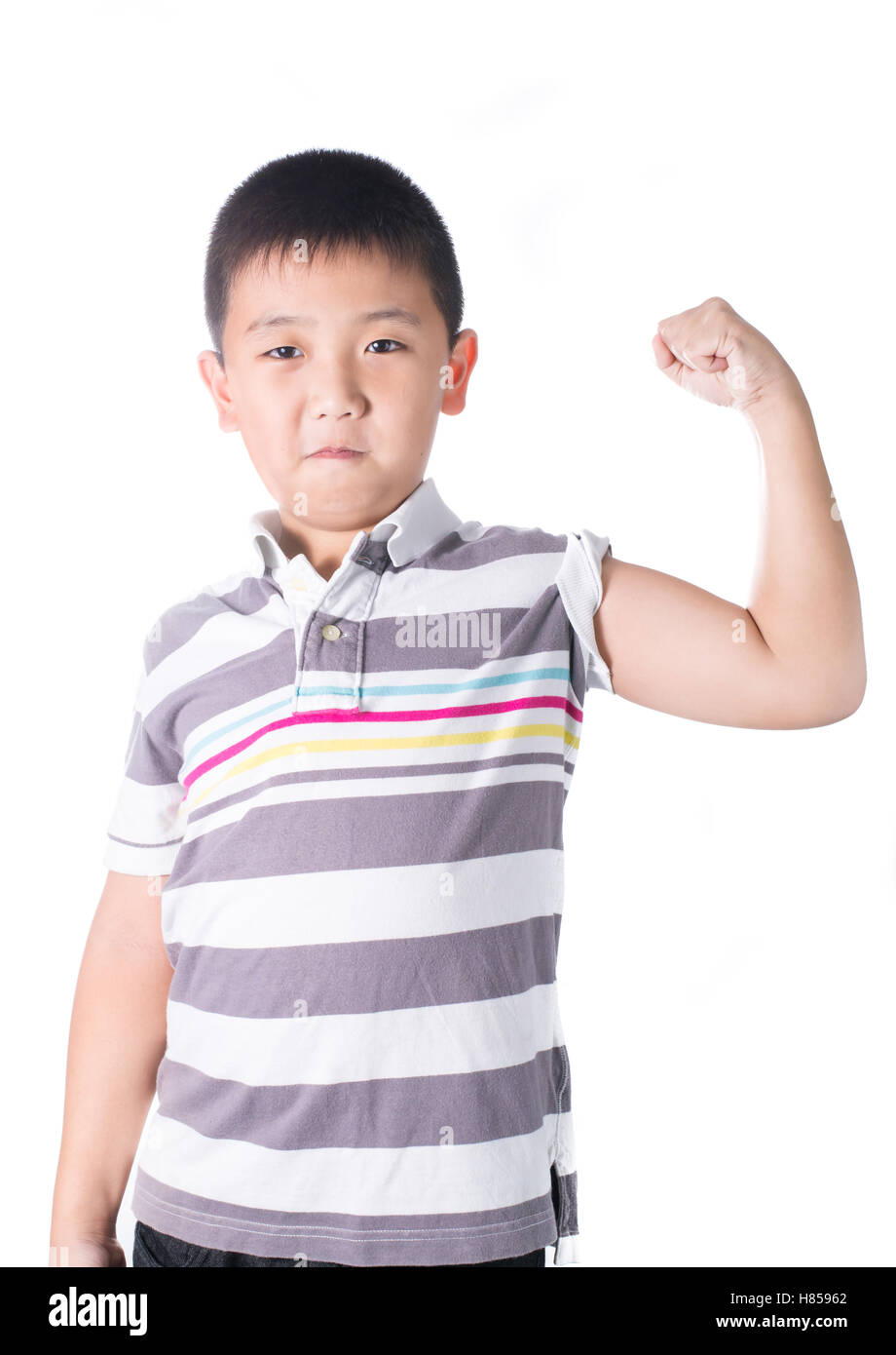 Strong Asian boy showing off his biceps flexing muscles his arm ...