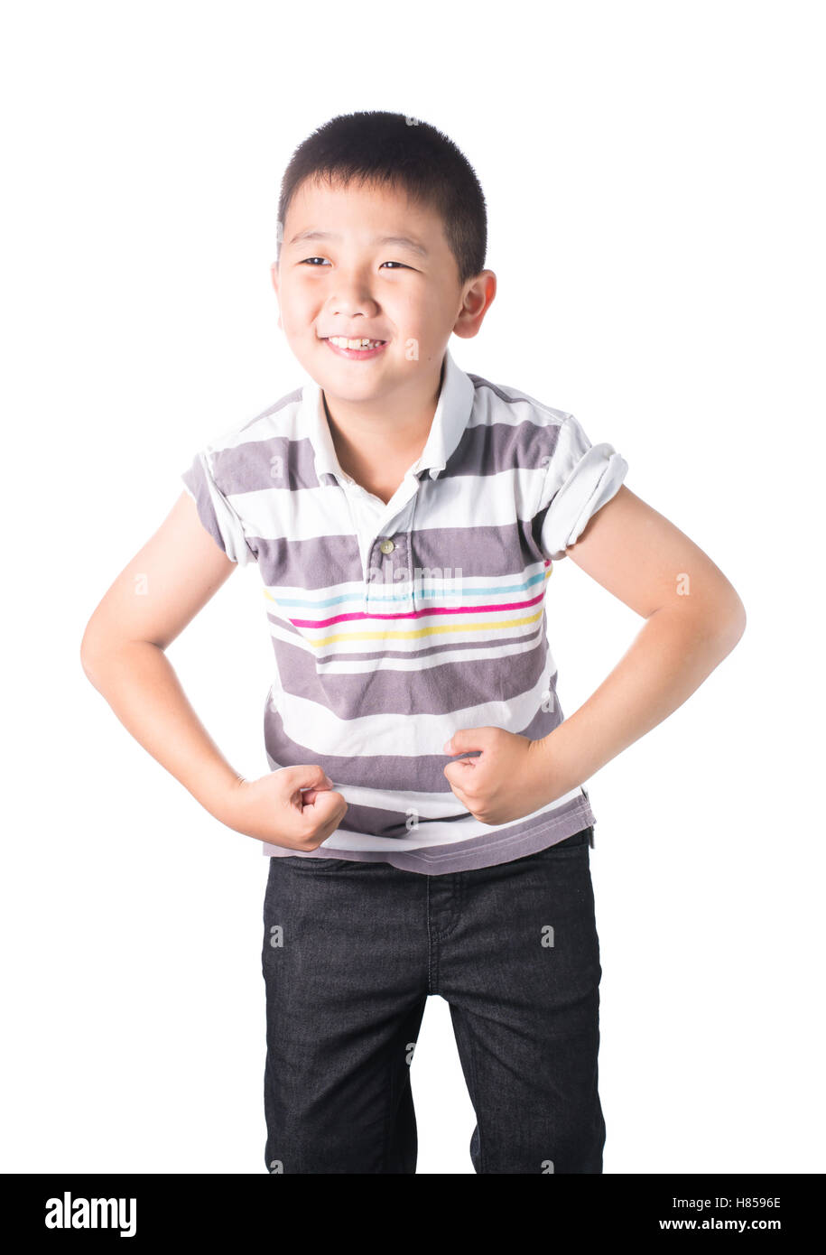 Strong Asian boy showing off his biceps flexing muscles his arm ...