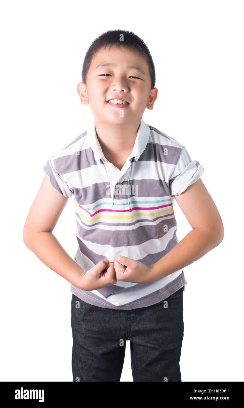 Strong Asian boy showing off his biceps flexing muscles his arm ...