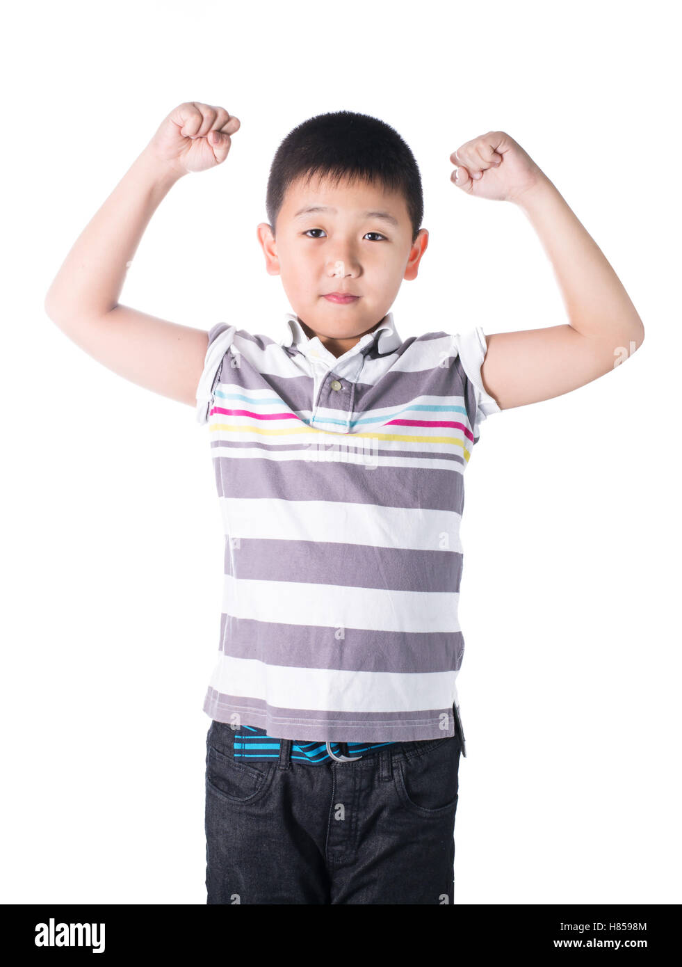 Strong Asian boy showing off his biceps flexing muscles his arm ...