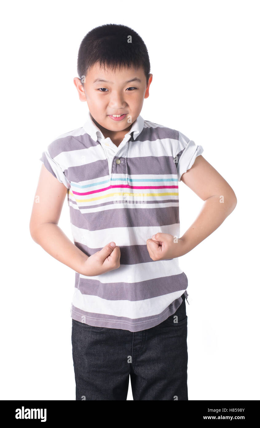 Strong Asian boy showing off his biceps flexing muscles his arm ...
