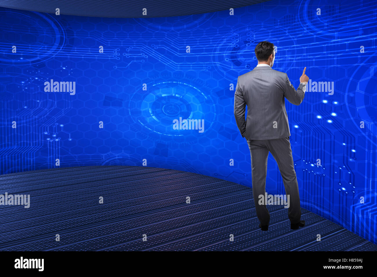 Businessman pressing virtual buttons in futuristic concept Stock Photo ...