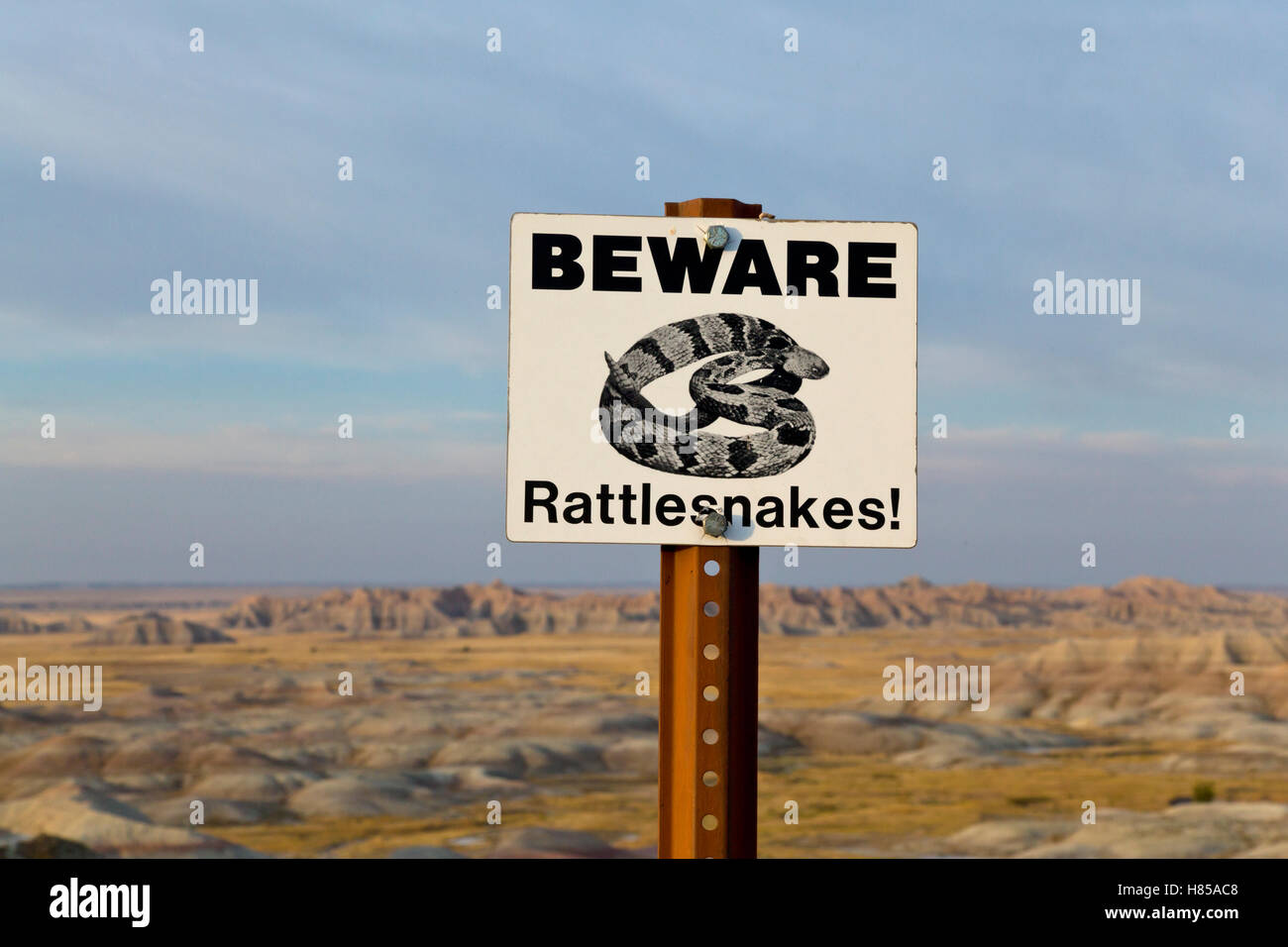 Rattlesnake warning sign, Badlands National Park, South Dakota Stock ...