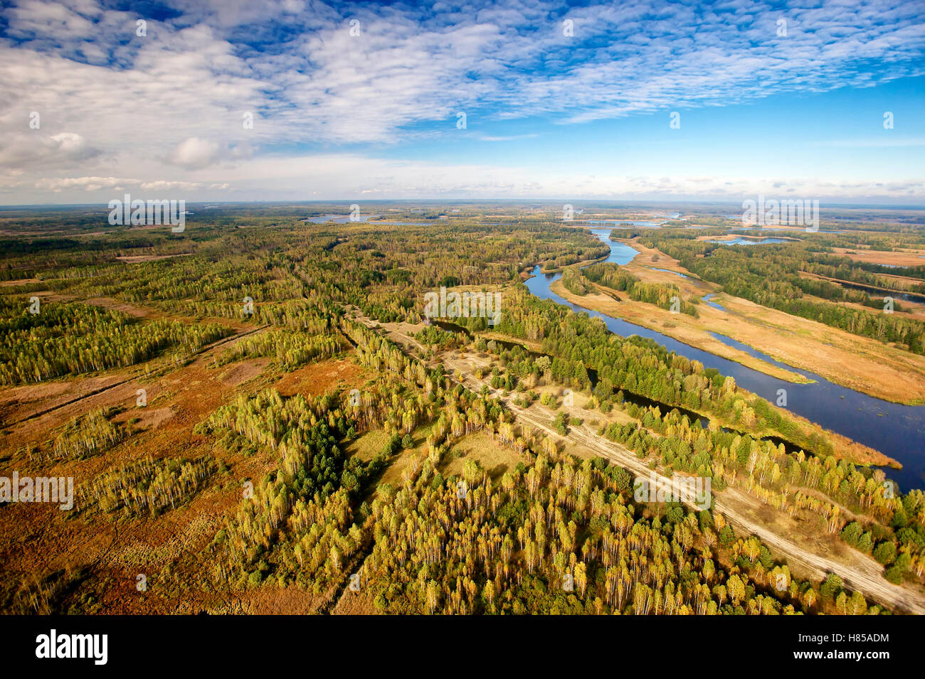 radiAerial view of Pripyat River within the 30 kilometer Chernobyl ...