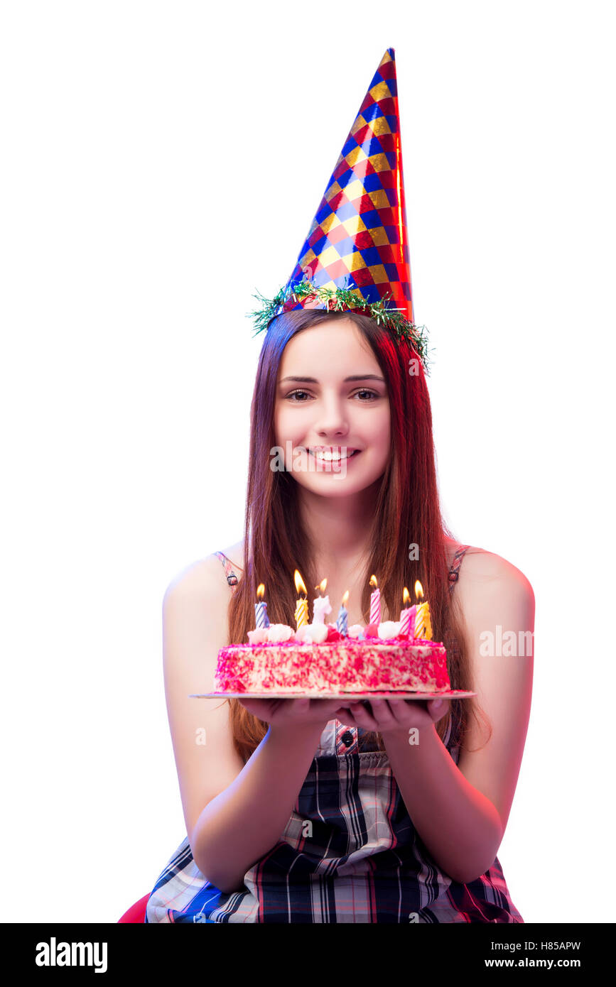 Young woman girl with cake isolated on white Stock Photo - Alamy
