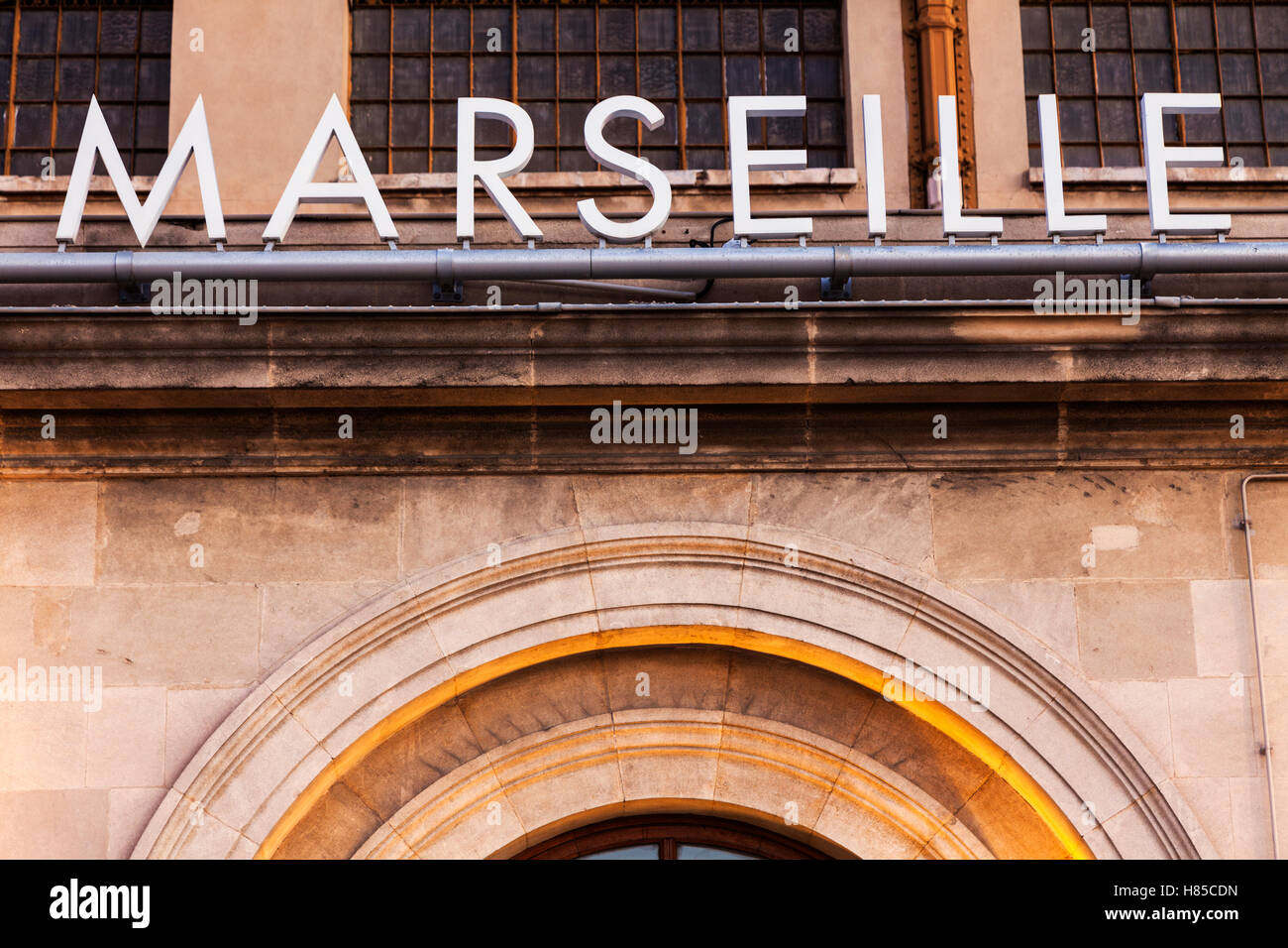 Marseille sign seen on the railway station building. Marseille ...