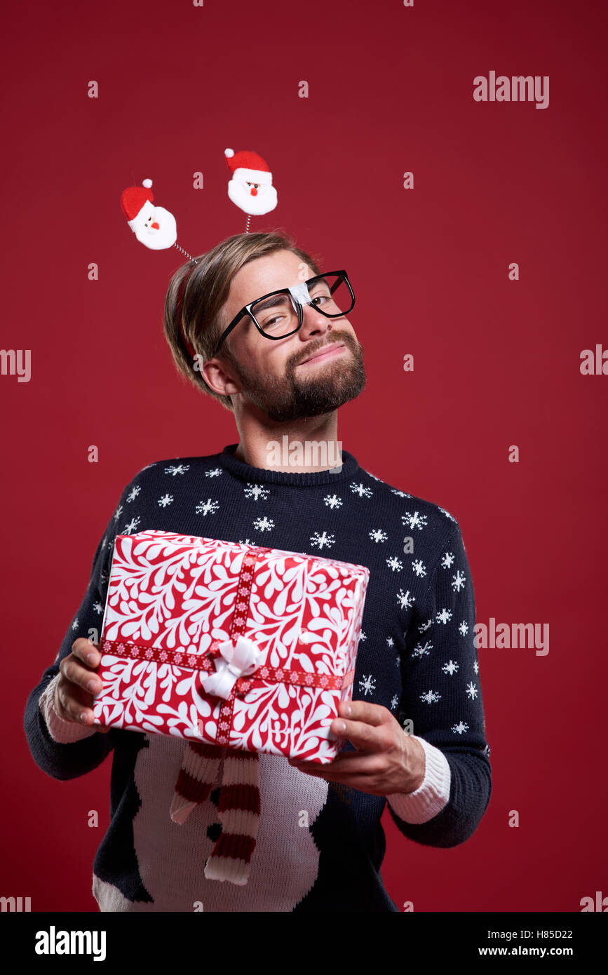 Man proud of his Christmas present Stock Photo - Alamy