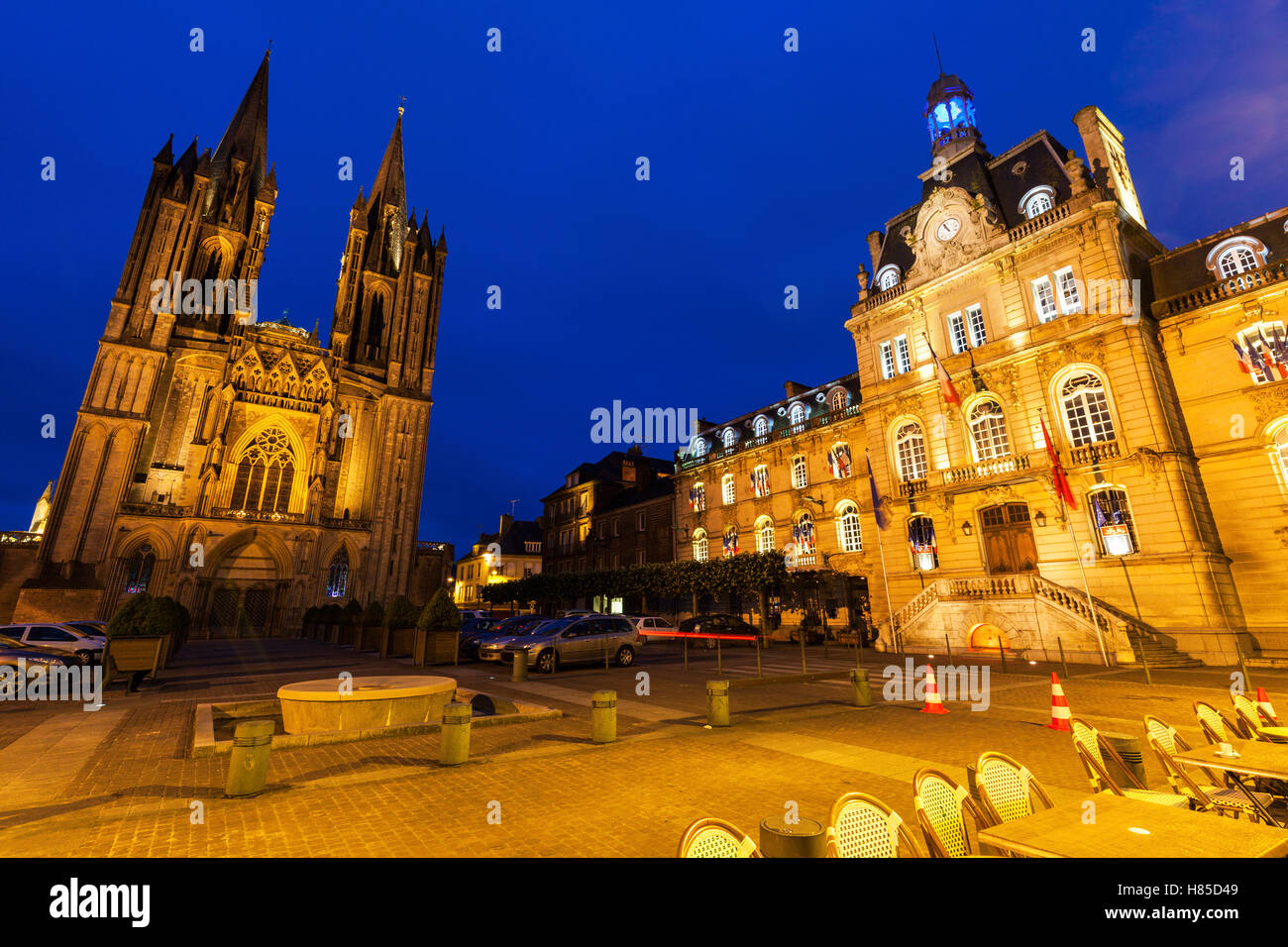 Coutances Cathedral and City Hall at night. Coutances, Normandy, France ...