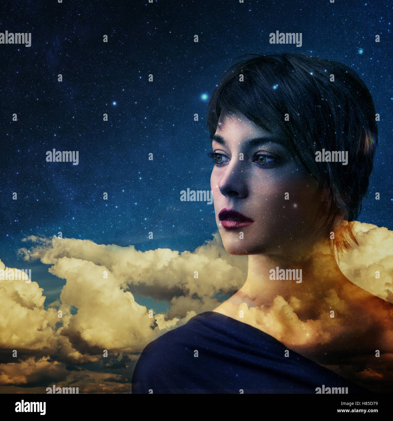 Creative double exposure portrait of young woman combined with space ...