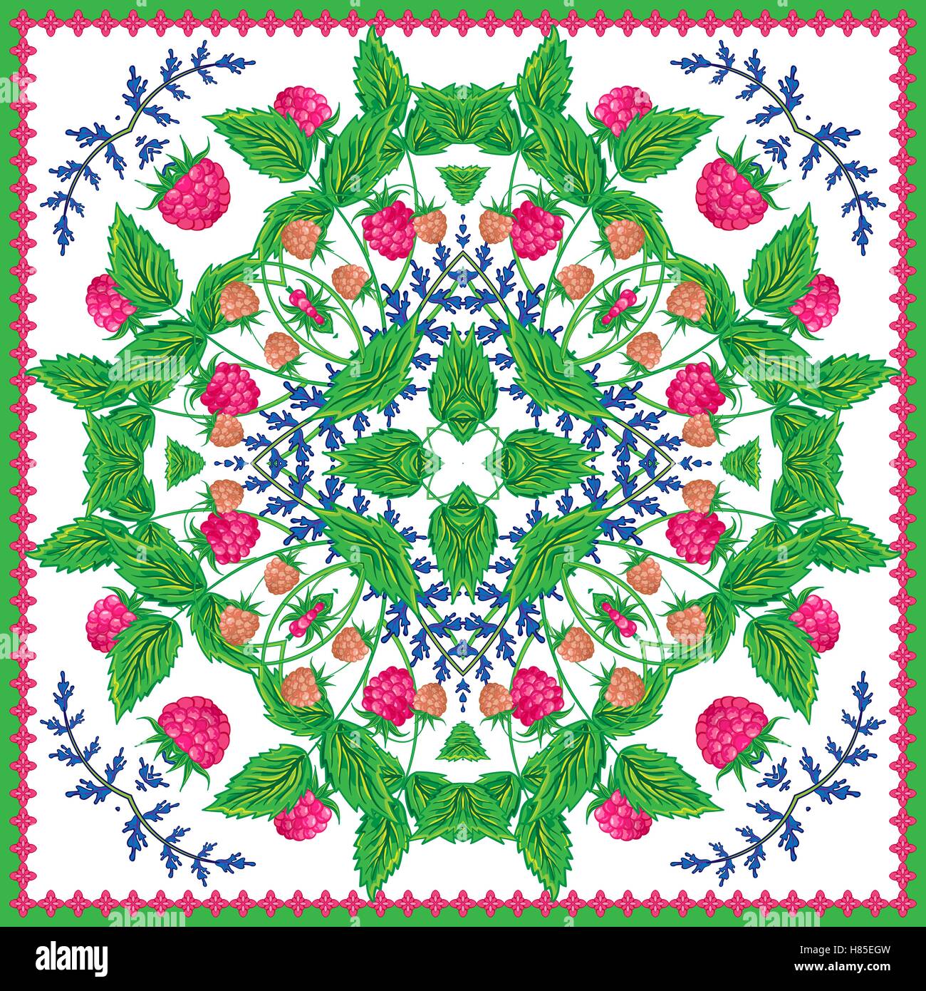 Square ornamental pattern with strawberry and leaves. Scarf background ...