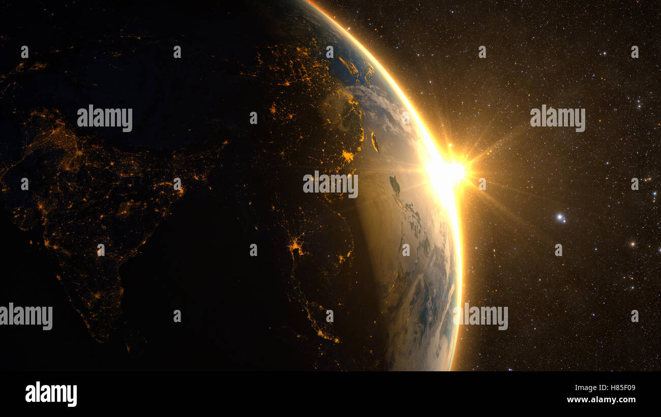 Planet Earth with a spectacular sunrise with milkyway in the background ...