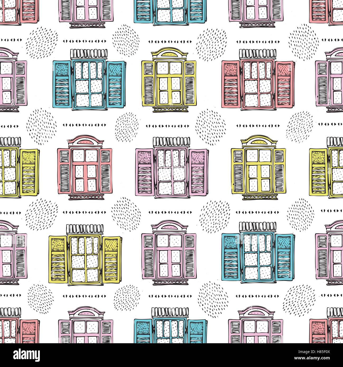 Seamless vector pattern of retro windows. Hand drawing illustration ...