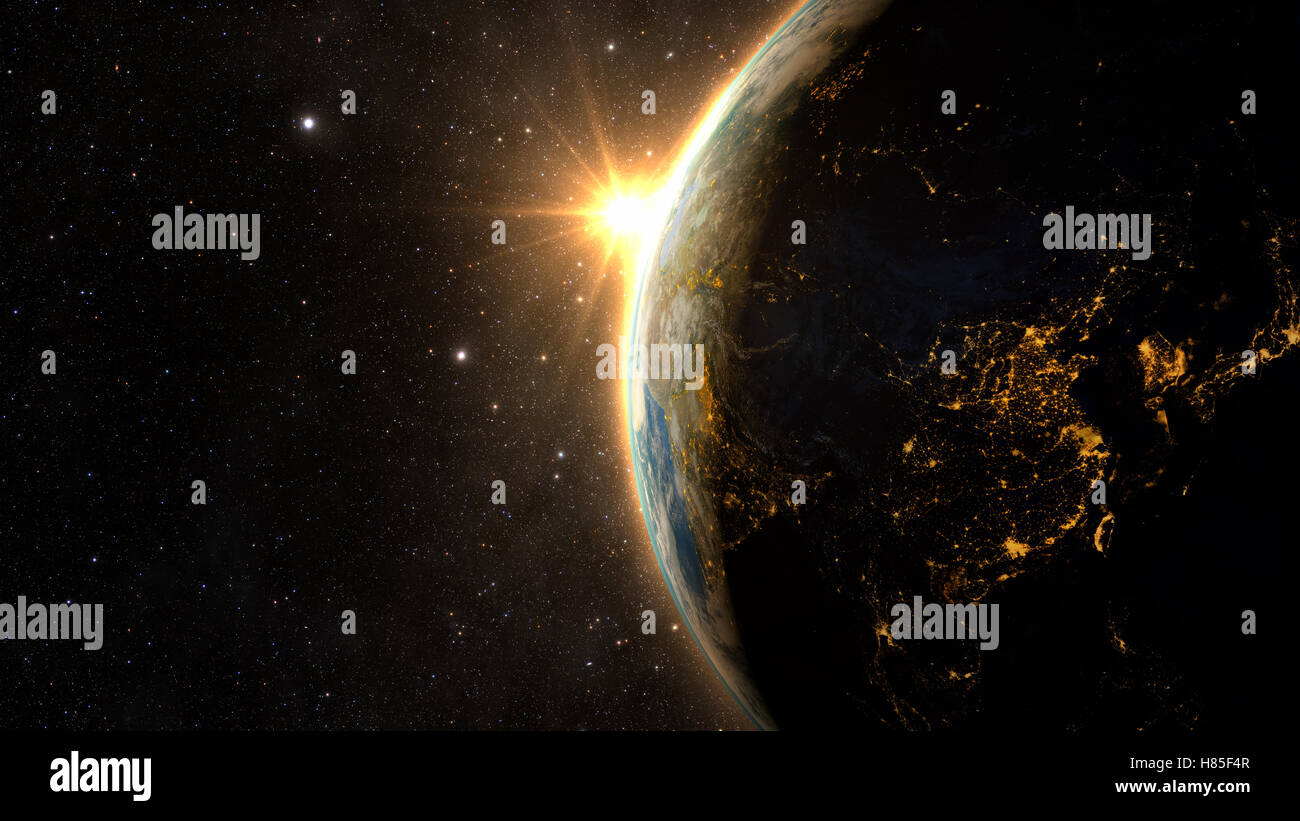 orange Sunset over earth as seen from space. With stars background ...