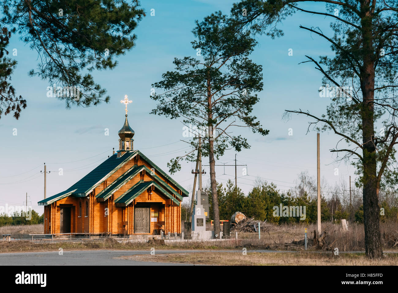 Small wooden orthodox church of the Holy Prince Oleg Bryansk in Dobrush ...