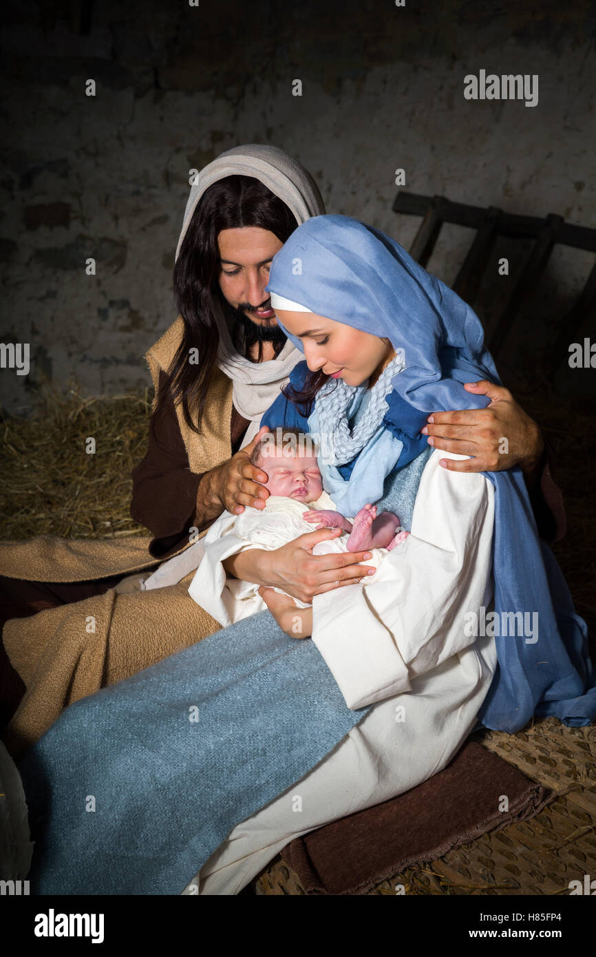Live Christmas nativity scene in an old barn - Reenactment play with ...