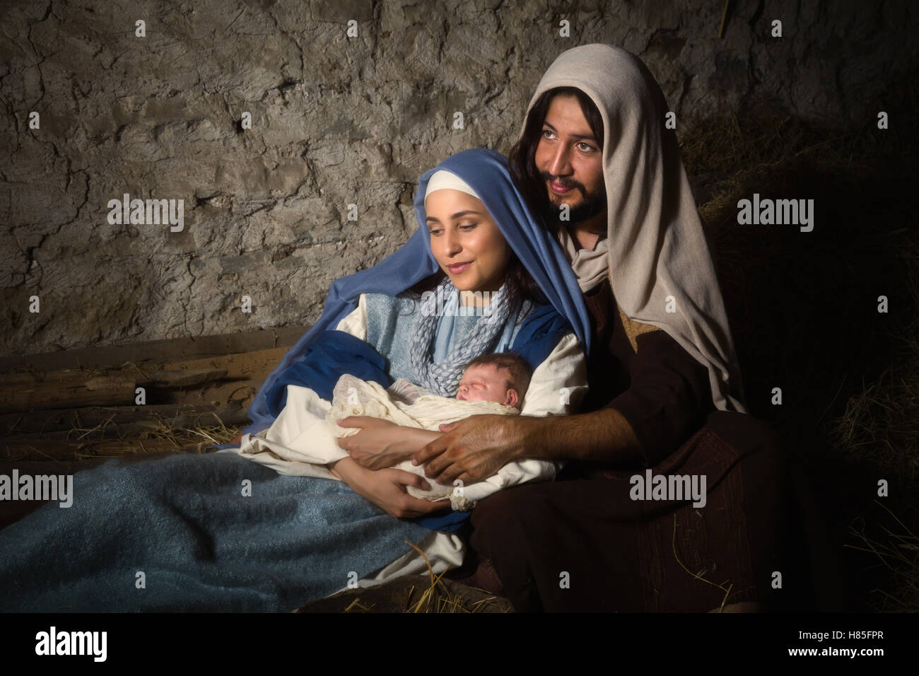 Live Christmas nativity scene in an old barn - Reenactment play with ...