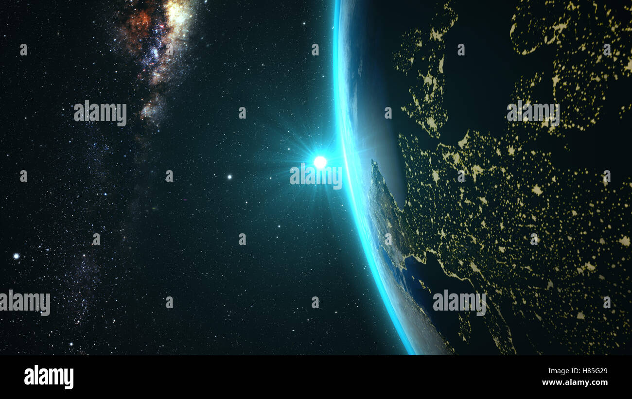 blue Sunset over earth as seen from space. With stars background Stock ...