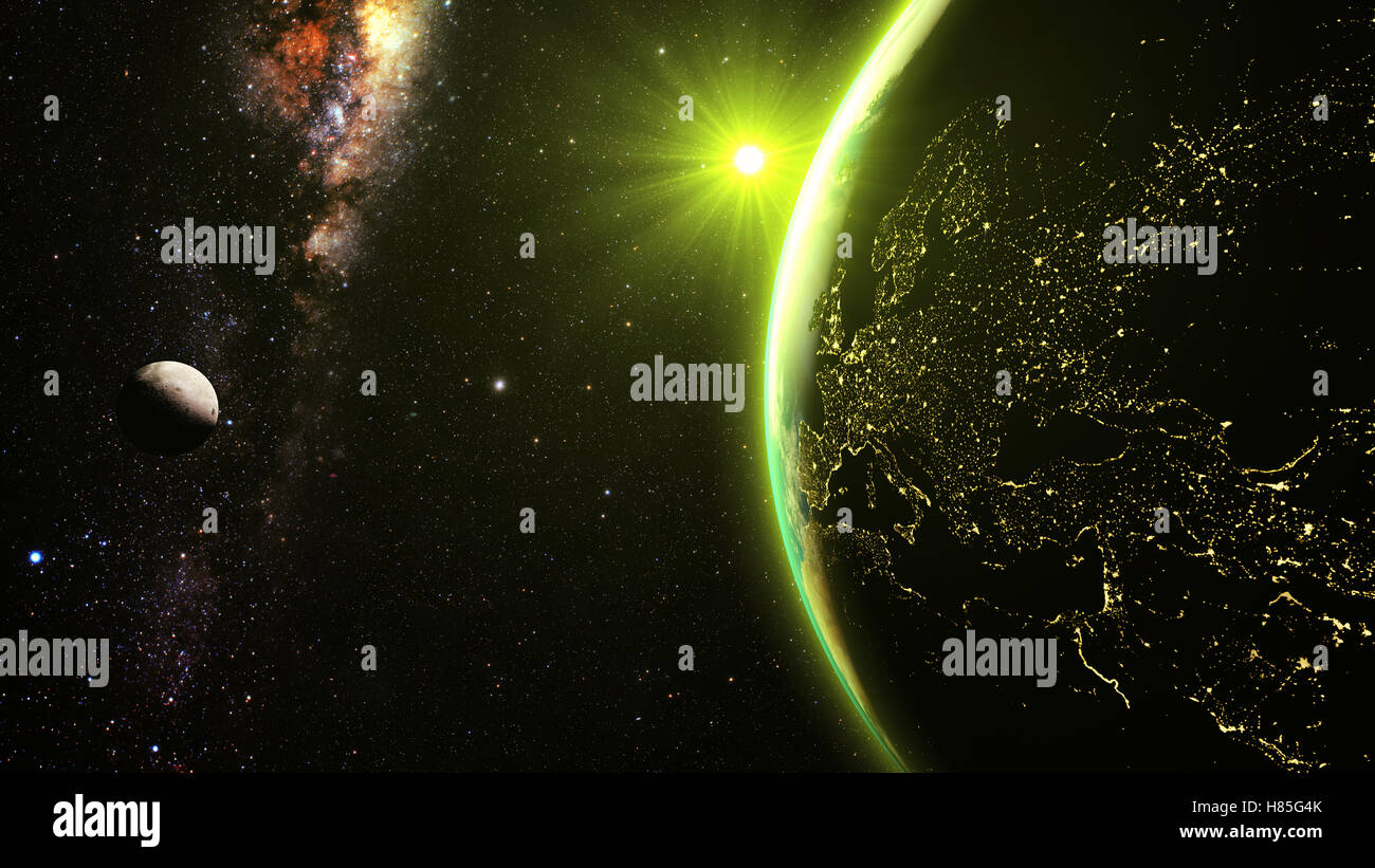 green Sunset over earth as seen from space. With stars background Stock ...