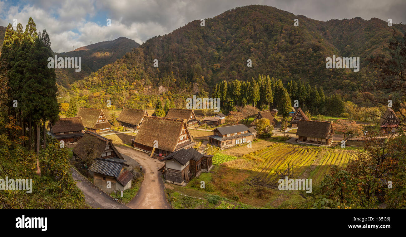 Traditional gassho-zukuri thatch roofed houses and shops, Suganuma ...